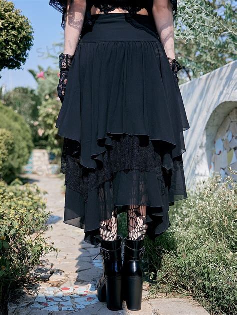Romwe Goth Contrast Lace Asymmetrical Skirt Shein Usa