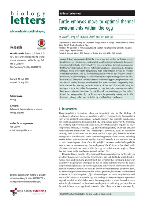 Pdf Turtle Embryos Move To Optimal Thermal Environments Within The Egg