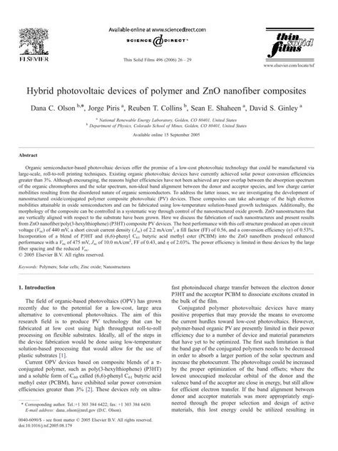 Pdf Hybrid Photovoltaic Devices Of Polymer And Zno Nanofiber