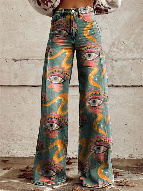 Womens Vintage Print Casual Wide Leg Pants