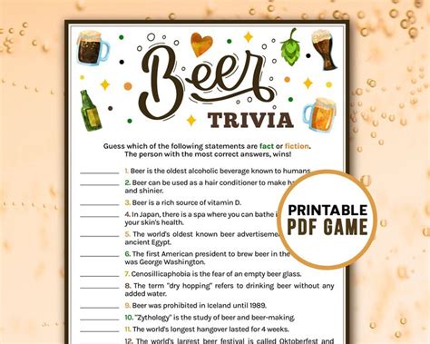 Beer Trivia Fact Or Fiction Printable Party Games For Adults