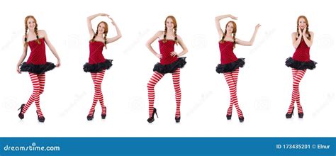 Redhead Girl In Red Dress And Stockings On White Stock Image Image Of