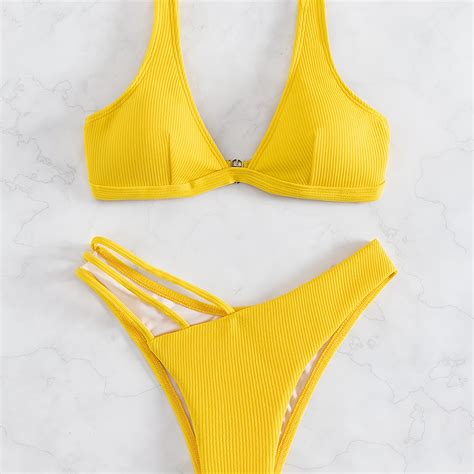 Solid Hollow Out Cut Out Deep V Neck Swimsuit Womens High Cut Yellow