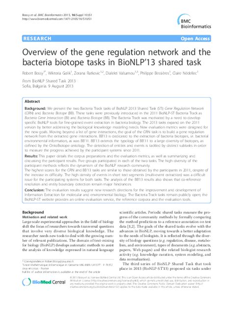 Pdf An Overview Of The Gene Regulation Network And The Bacteria Biotope Tasks In Bionlp13