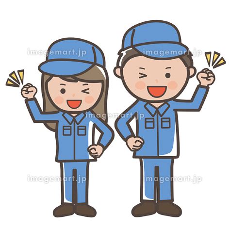 ガッツポーズでウインクする男女作業員清掃員の全身イラスト 254206292 イメージマート