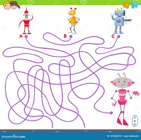 Maze Game With Cartoon Robot Characters Stock Vector Illustration Of