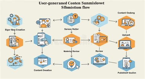Flowchart Illustrating A Content Submission Process Featuring Nine Distinct Stages Stock