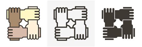 4 개의 손을 함께 잡고있는 양식화 된 아이콘 디자인 팀워크 커뮤니티 단합 및 평등과 같은 다양한 개념에 대한 삽화 3 가지