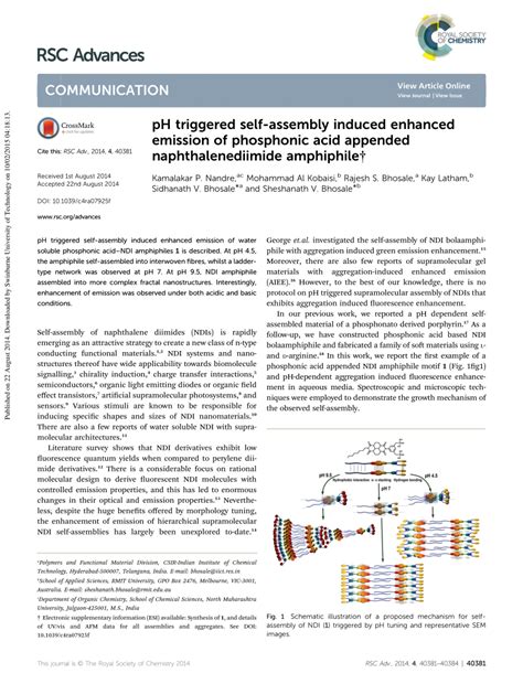 Pdf Ph Triggered Self Assembly Induced Enhanced Emission Of