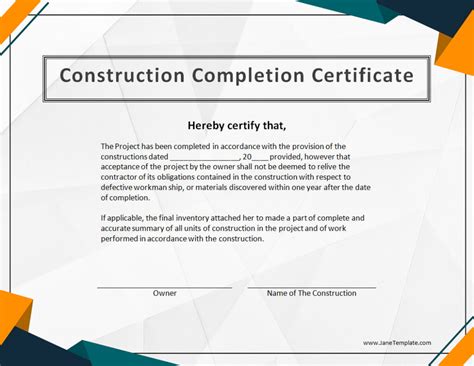 Construction Project Completion Certificate Template