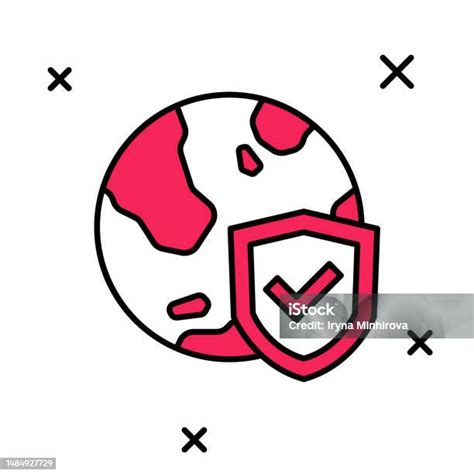 흰색 배경에 격리된 세계 지구 아이콘으로 채워진 개요 방패 보험 개념입니다 보안 안전 보호 개인 정보 보호 개념 벡터 가득 찬에 대한 스톡 벡터 아트 및 기타 이미지