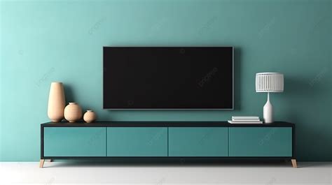 검은 화면 3d 렌더링을 표시하는 세련된 스마트 Tv를 갖춘 현대적인 민트 거실 Tv 캐비닛 Tv 테이블 Tv 스탠드 배경