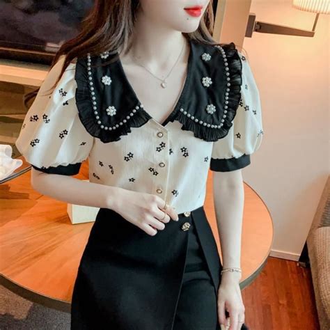Chemise Chemisier français Vintage à col rond Peter pour femmes chemisier Patchwork en
