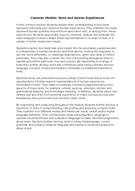 Common Module Rubric Common Module Texts And Human Experiences In This Common Module Students