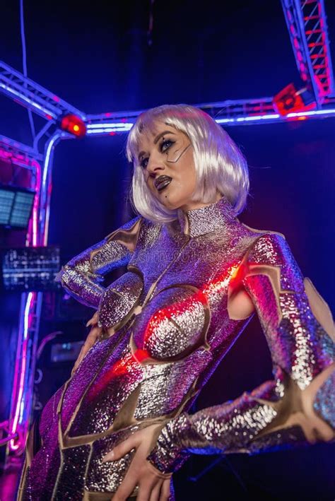Blonde Girl As Cyber Robot Cyber Girl In Shining Silver Armor In Neon