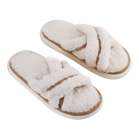 Eva Cross Band Open Toe Fuzzy Slippers Sheonly