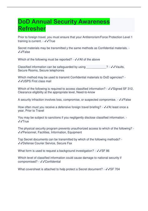 Dod Annual Security Awareness Refresher 100 Correct Answers Dod