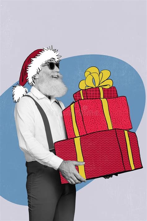 Creative Poster Collage Of Cool Santa Claus Stylish Hold Pike Presents