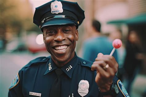 premium photo black police officer is seen smiling while holding a lollipop the image is