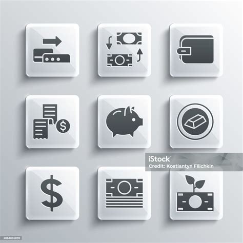 세트 스택 지폐 현금 냄비에 돈 식물 금괴 돼지 저금통 달러 기호 종이 또는 금융 수표 Pos 단말기 및 지갑 아이콘 벡터 0명에 대한 스톡 벡터 아트 및 기타 이미지