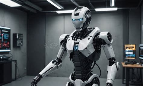 robot standing in front computer monitor stock illustration illustration of female machinery