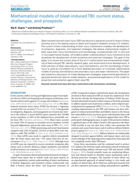 Pdf Mathematical Models Of Blast Induced Tbi Current Status Challenges And Prospects