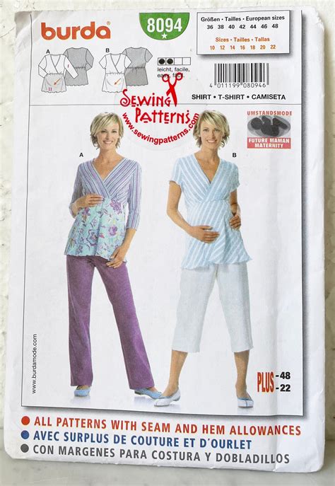 Burda Maternity Shirt Semi Fitted Top Sewing Pattern 8094 Misses 10 22 Uncut Etsy