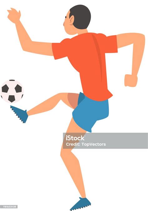 축구 선수 에서 축구 선수 발로 공 빨간 티셔츠와 행동에 블루 반바지에 프로 선수 캐릭터 벡터 일러스트 뒤에보기 T 셔츠에 대한