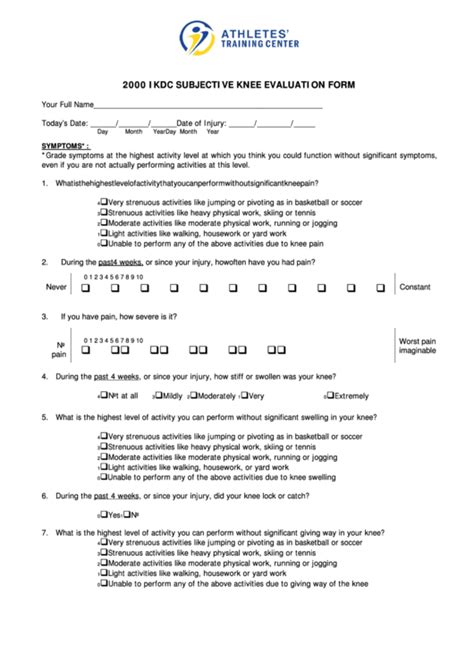 Fillable Subjective Knee Evaluation Form 2000 Printable Pdf Download