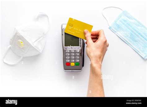 Contactless Payment Terminal With Medicine Face Masks Top View Stock