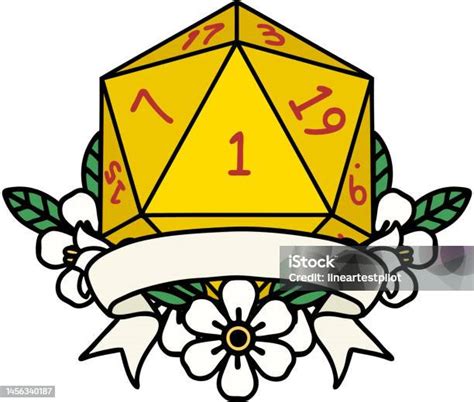 Gaya Tato Retro Alami Satu Dadu Lempar Dadu D20 Alami Ilustrasi Stok Unduh Gambar Sekarang