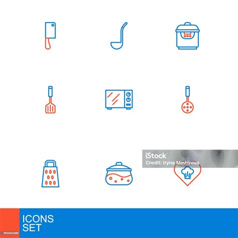 요리사 모자 요리 냄비 강판 주걱 전자 레인지 슬로우 쿠커 및 주방 국자 아이콘을 설정합니다 벡터 가정 생활에 대한 스톡 벡터