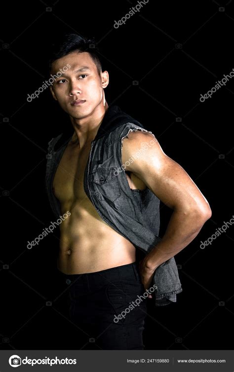 Asian Muscle Men Posing Muscle Abs Black Background Black White Stock