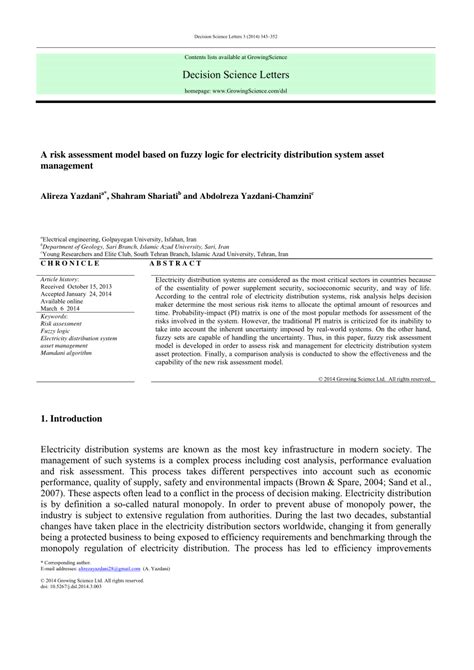 Pdf A Risk Assessment Model Based On Fuzzy Logic For Electricity Distribution System Asset