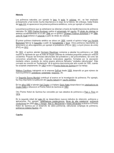 Historia De Los Polimeros Pdf Caucho Natural Poliéster