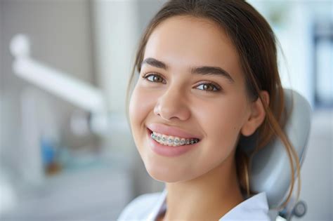Closeup Portrait Of A Smiling Woman With Orthodontic Braces Premium