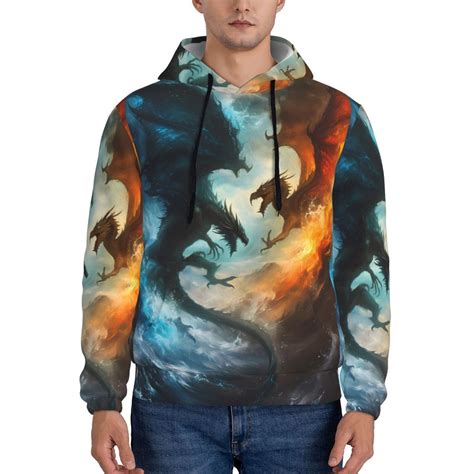 Picia Red And Blue Flame Wave Dragon Pattern Casual Mens Hoodie
