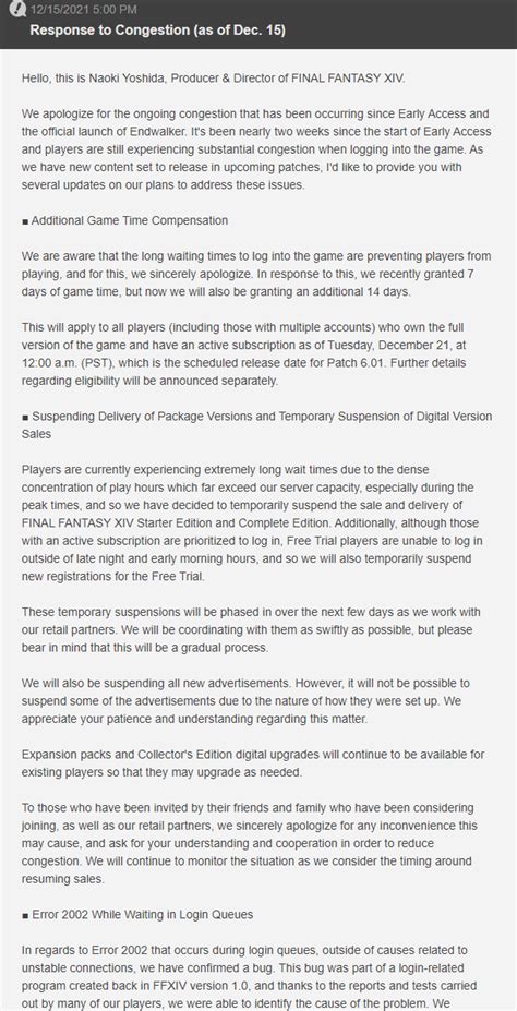 Ffxiv Suspending Sales Due To Server Issues R Mmorpg