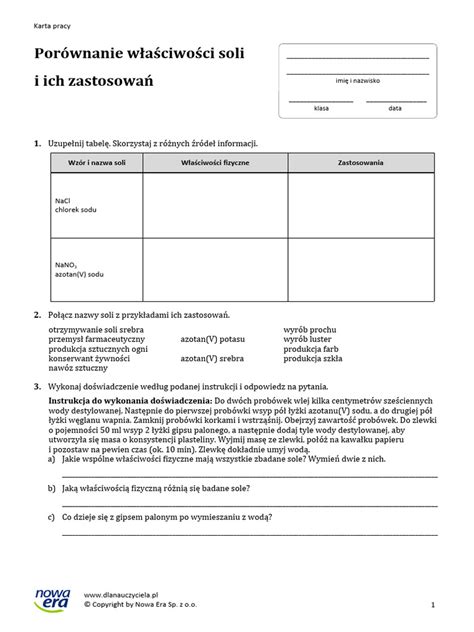 Karta Pracy Porownanie Wlasciwosci Soli I Ich Zastosowan Pdf