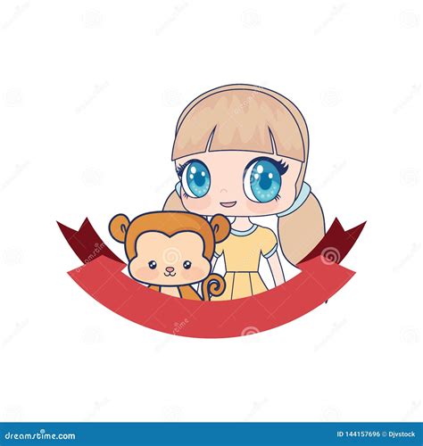 Cute Anime Girl With Monkey Toy Animal Stock Illustration