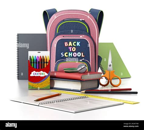 School Backpack And Objects Isolated On White Background 3d