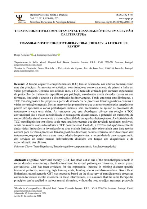 Pdf Transdiagnostic Cognitive Behavioral Therapy A Literature Review