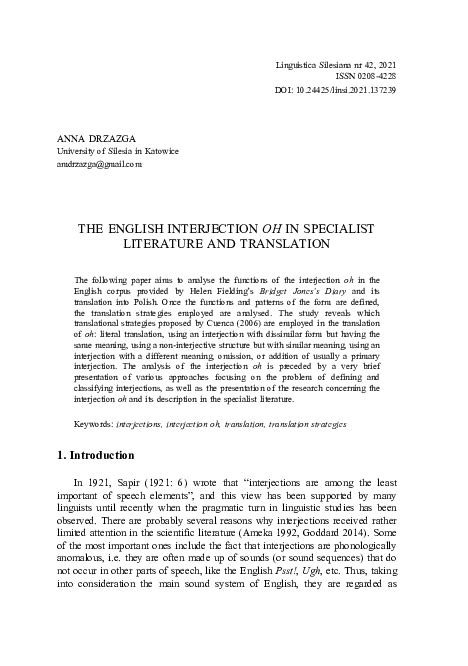 Pdf The English Interjection Oh In Specialist Literature And Translation