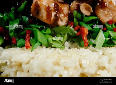 Asian Food Macro Asian Style Kung Pao Chicken With Rice And Green