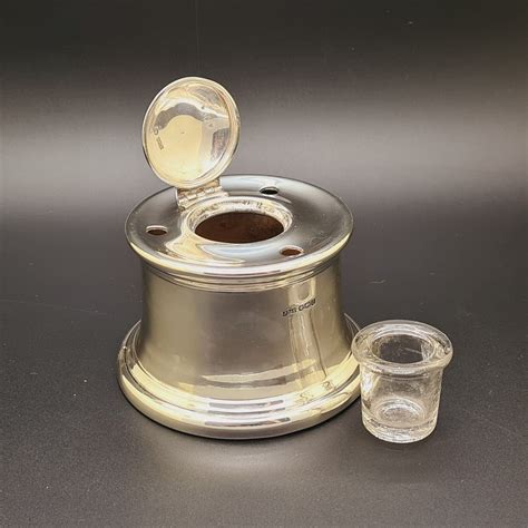 Antique Solid Silver Round Capstan Type Inkwell By James Dixon And Sons Ltd 1920