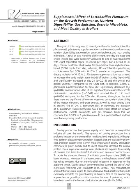 Pdf Supplemental Effect Of Lactobacillus Plantarum On The Growth Performance Nutrient