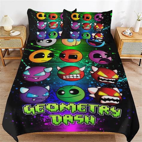 Geometry Dash Bed Duvet Cover Microfiber Bedding Sets 3d Printed Lightweight 3 Piece Comforter