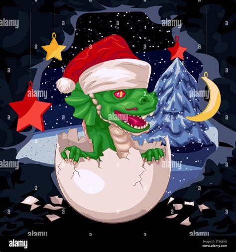 Green Wooden Dragon Hatched From An Egg Wearing Santa Claus Hat In Cave