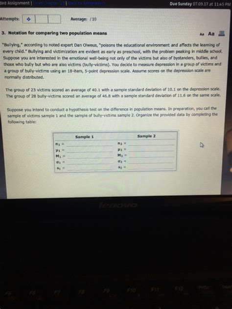 solved notation for comparing two population means bullying