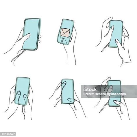 전화 또는 스마트 폰을 들고있는 손의 연속 한 줄 그리기를 설정하십시오 휴대 전화 과학 기술 가제트 통신 장치 전화 디스플레이